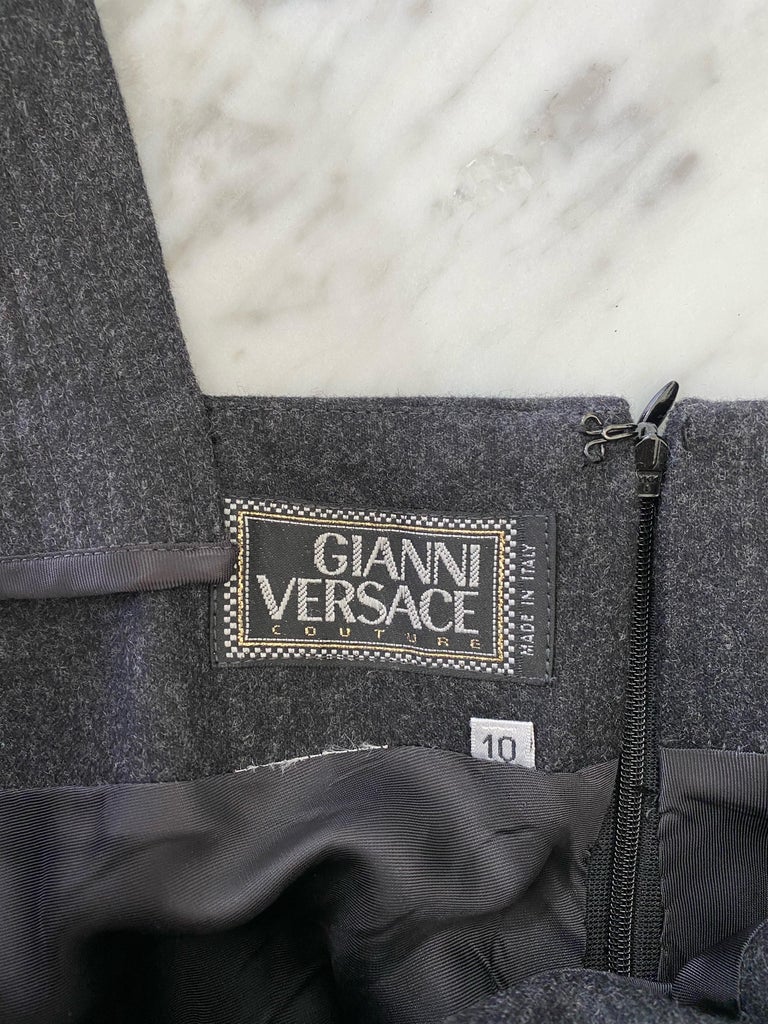 S/S 1994 Gianni Versace Couture Medusa Screw Medallion Strap Grey Wool ...