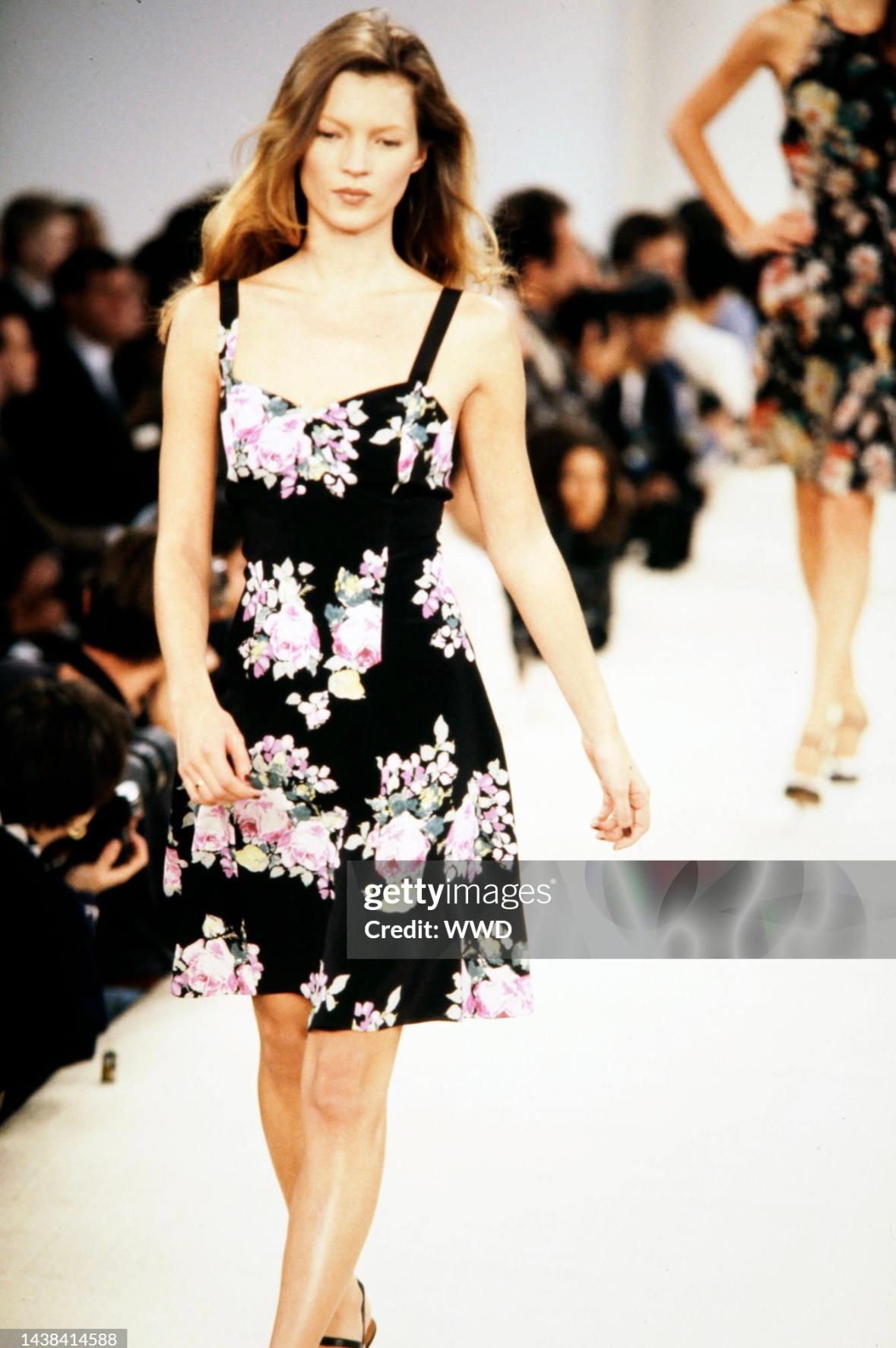 S/S 1995 Ralph Lauren Kate Moss Runway Black Silk Pink Floral Flared ...