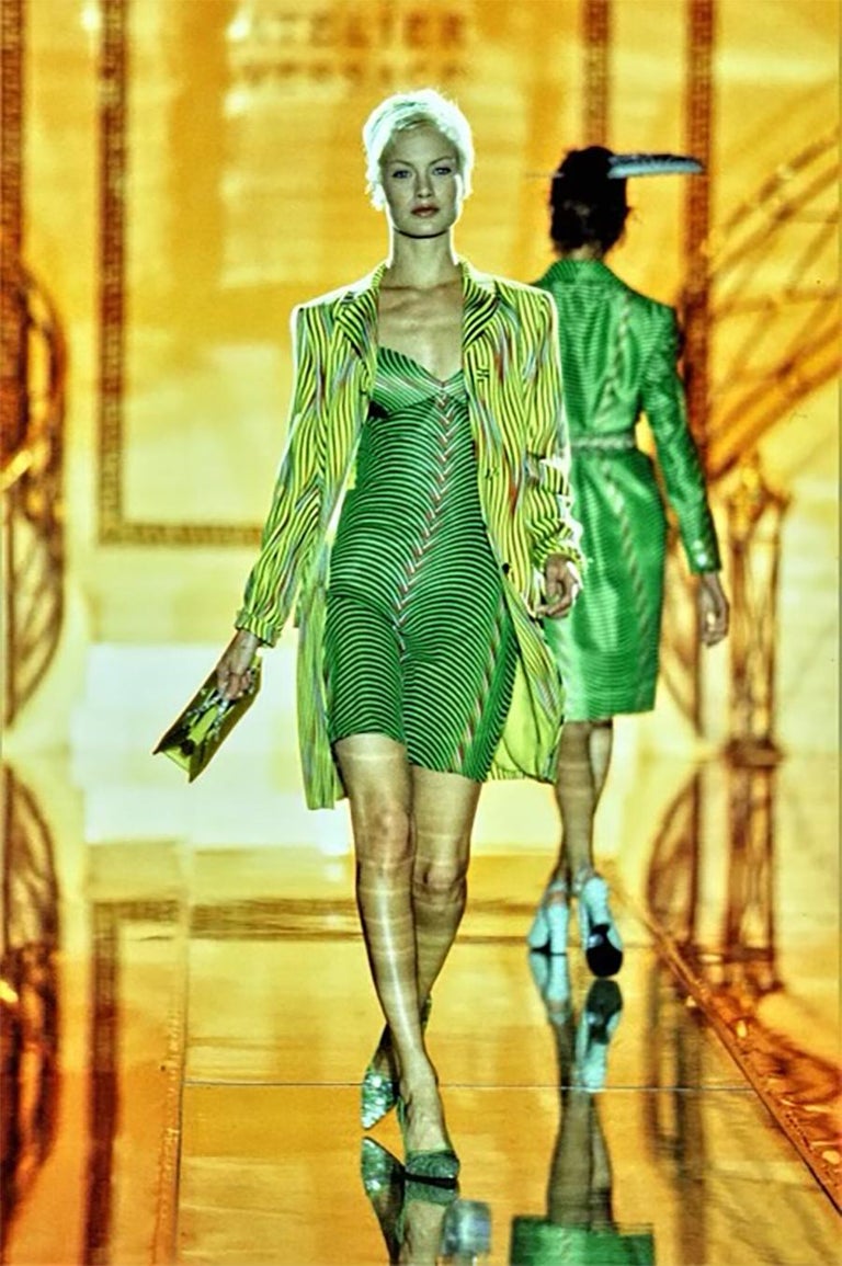 S/S 1996 Gianni Versace Green and Orange Silk and Lace Stripe Mini ...