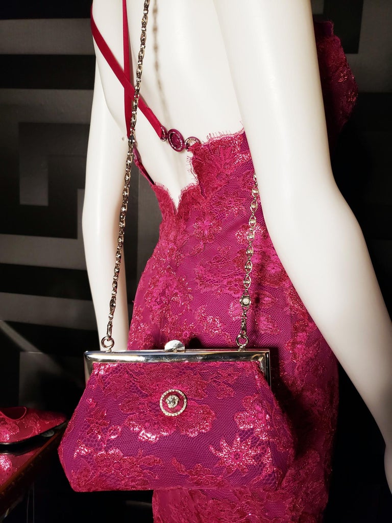 S/S 1996 ICONIC VINTAGE VERSACE ATELIER PINK LACE GOWN as seen in MET ...