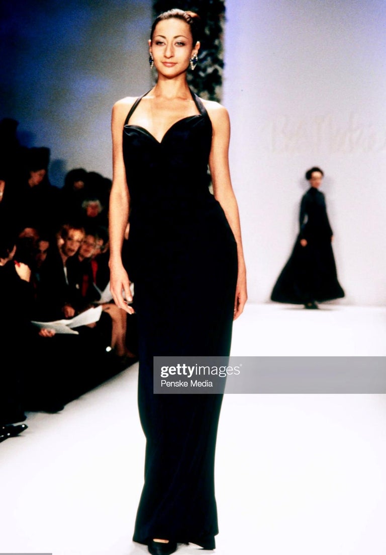 S/S 1997 Bob Mackie Runway Black Halterneck Satin Panel Backless Gown ...