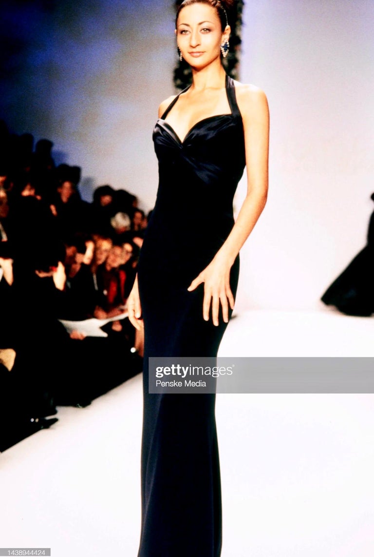 S/S 1997 Bob Mackie Runway Black Halterneck Satin Panel Backless Gown ...