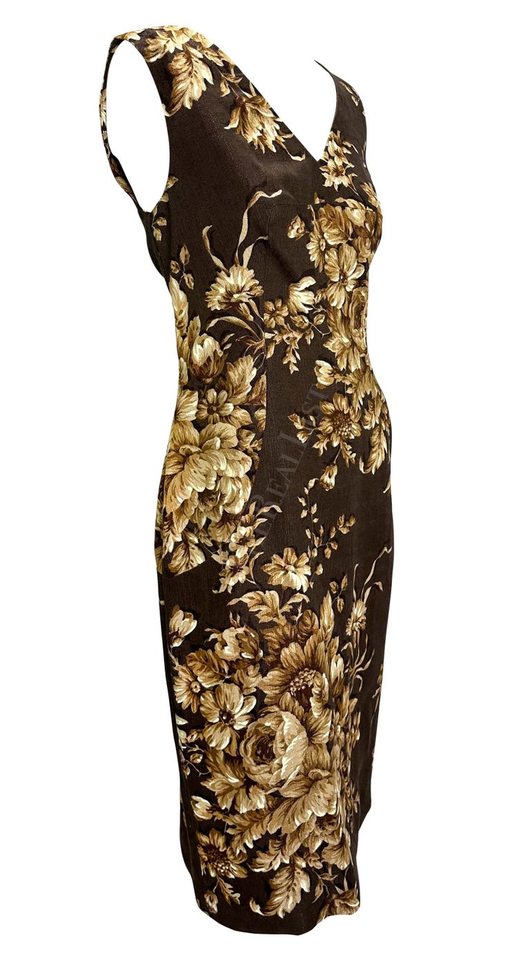 S/S 1997 Dolce and Gabbana Runway Brown Beige Floral Sleeveless Dress ...