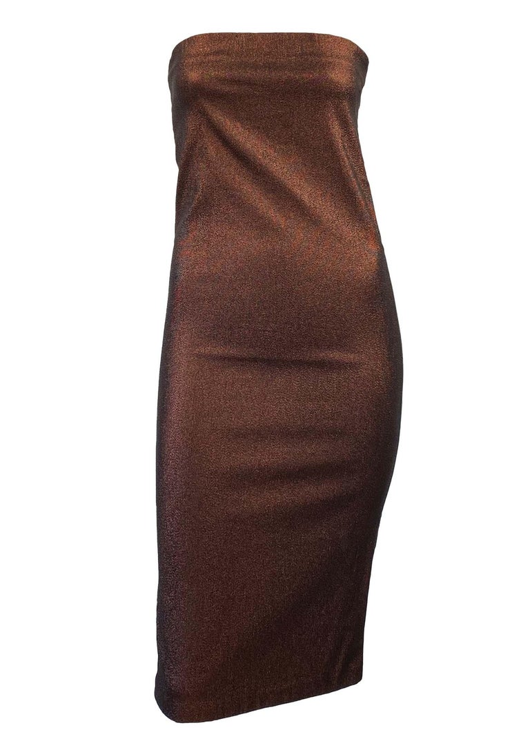 S/S 1997 Gucci by Tom Ford Brown Lurex Metallic Stretch Strapless Tube ...