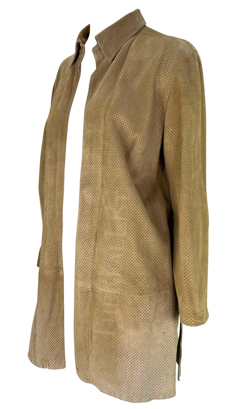S/S 1997 Gucci by Tom Ford Tan Perforated Suede Open Collared Skirt ...