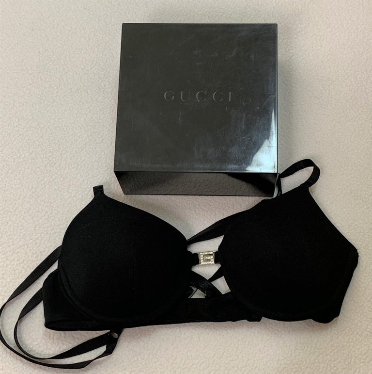 S/S 1998 Gucci Black Crystal G Logo Bra and Sheer Mesh Top Set at ...