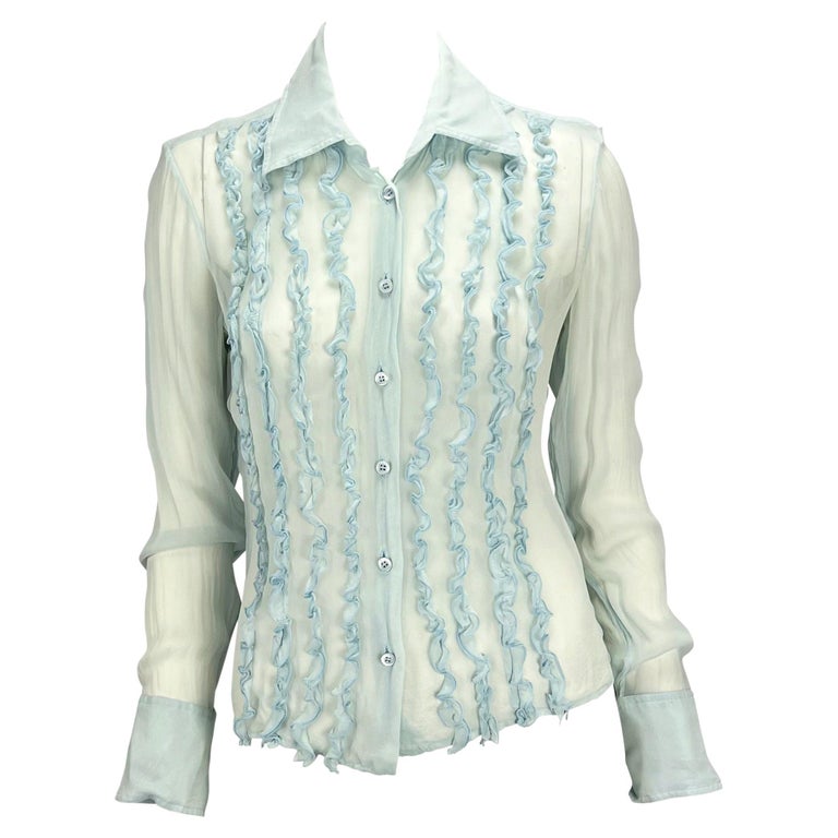 S/S 1999 Gucci by Tom Ford Baby Blue Ruffle Sheer Silk Button Up Top ...