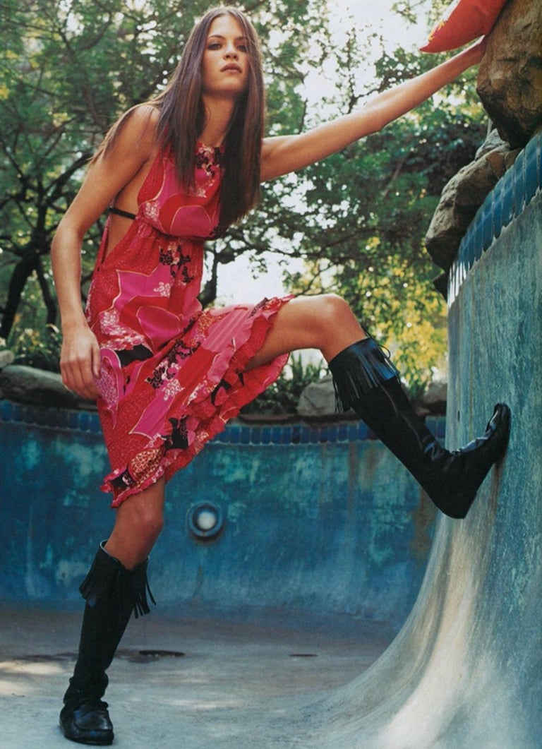 S/S 1999 Gucci by Tom Ford Pink 'Acid Flower' Silk Leather Strap Dress ...