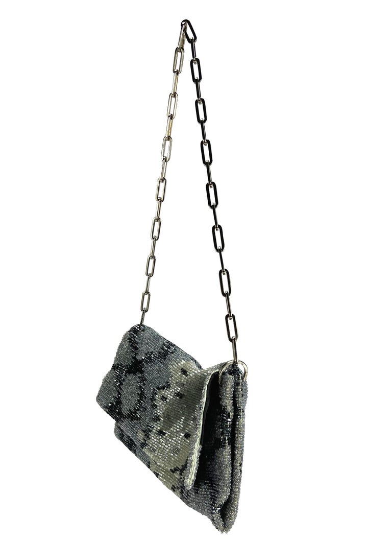 S/S 2000 Gucci by Tom Ford Grey Beaded Snake Skin Print Chain Flap Bag ...