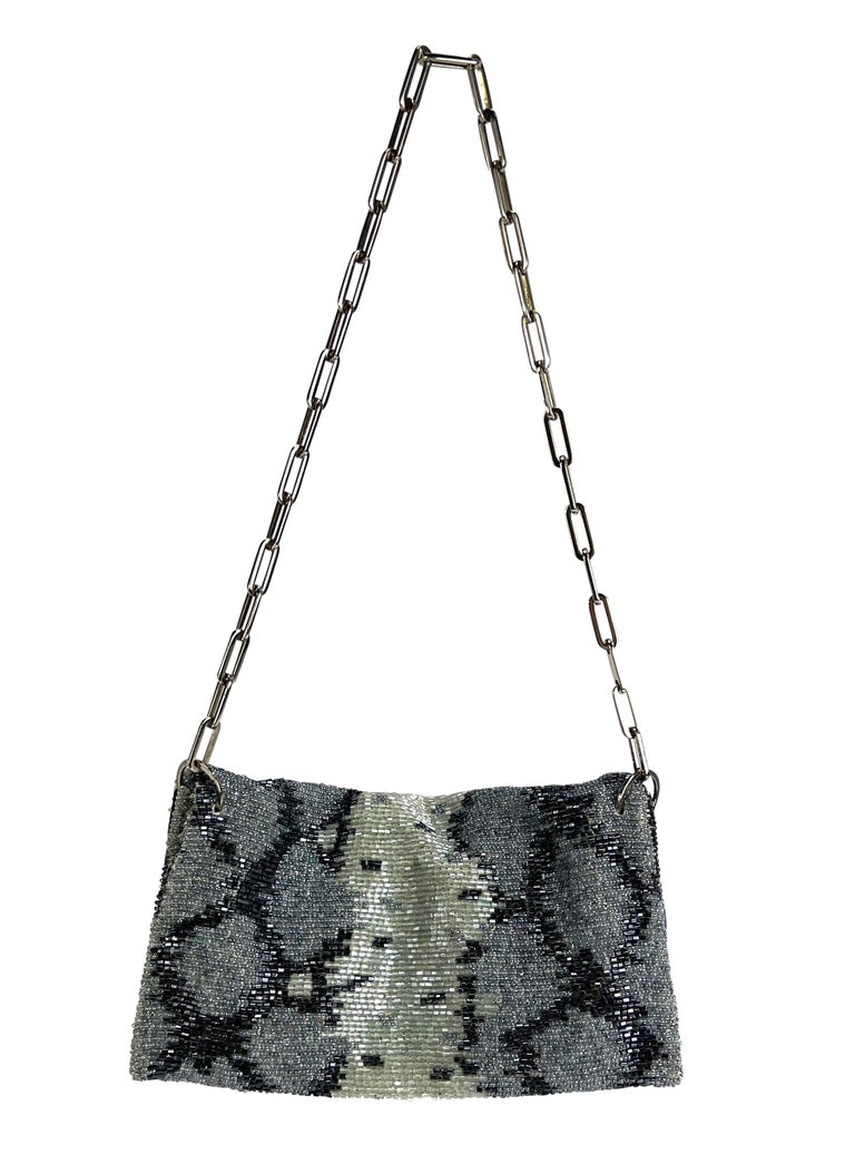 S/S 2000 Gucci by Tom Ford Grey Beaded Snake Skin Print Chain Flap Bag ...