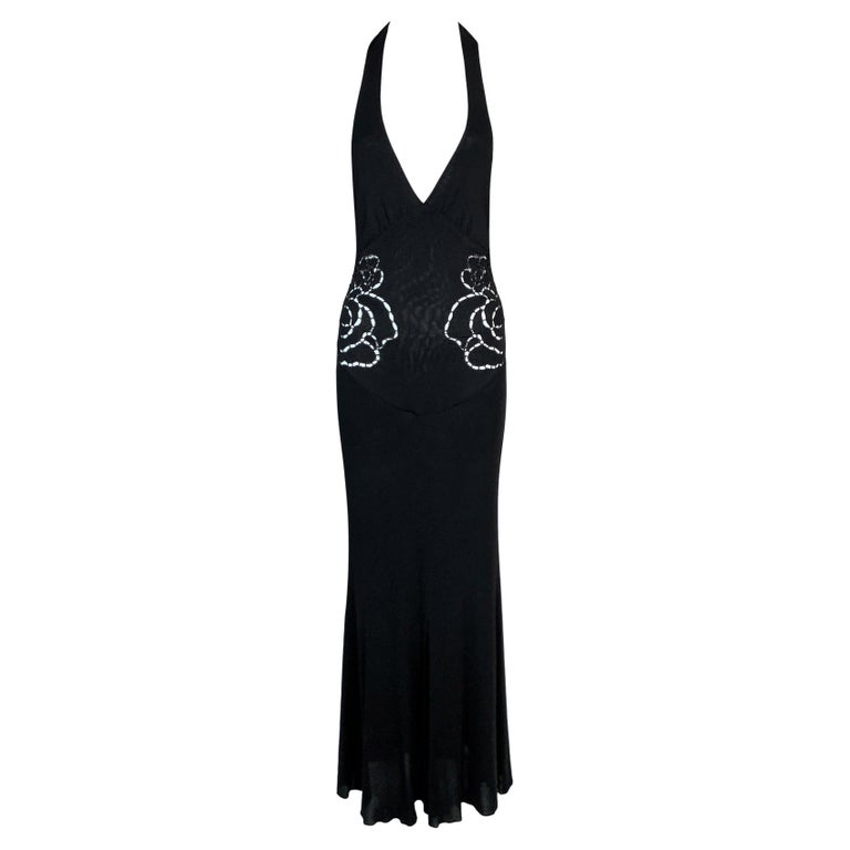 S/S 2002 Roberto Cavalli Runway Plunging Black Rose Cut-Out Maxi Dress ...