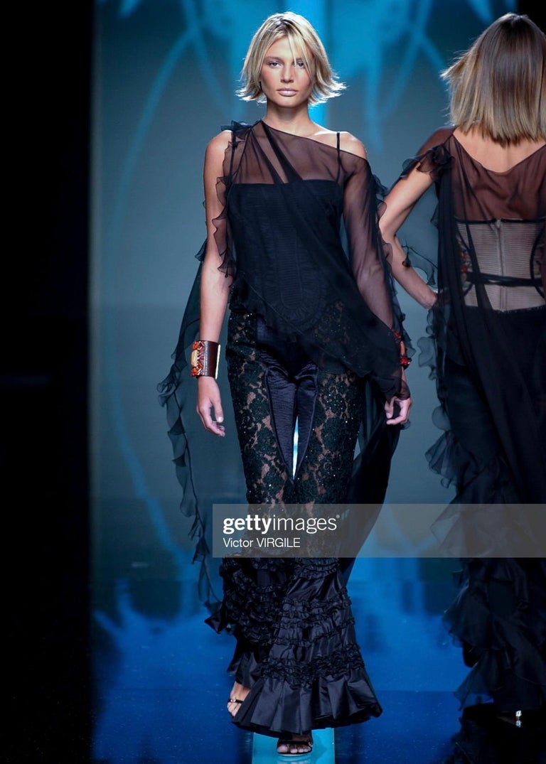S/S 2002 Valentino Garavani Sheer Black Beaded Lace Flare Pants Crop ...
