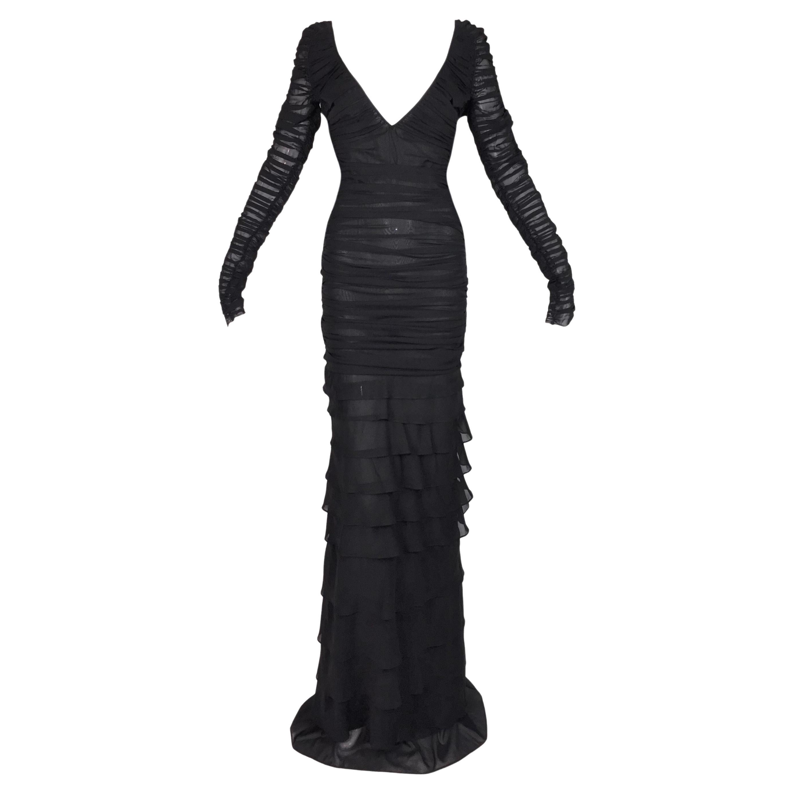 S/S 2003 Gucci Tom Ford Sheer Black Plunging Ruched L/S Long Gown Dress ...