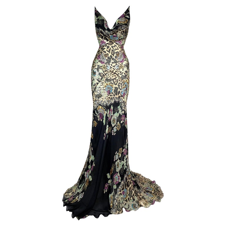 S/S 2003 Roberto Cavalli Chinoiserie Black Silk Extra Long Gown Dress For Sale at 1stDibs