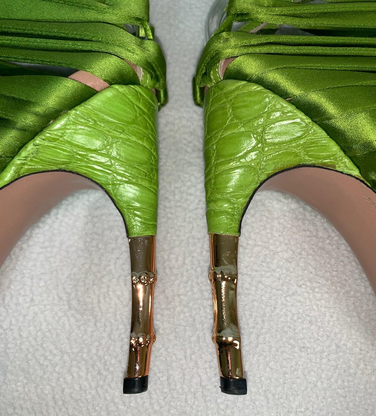 S/S 2004 Gucci by Tom Ford Runway Green Satin Wrap Gold Stiletto Heels ...