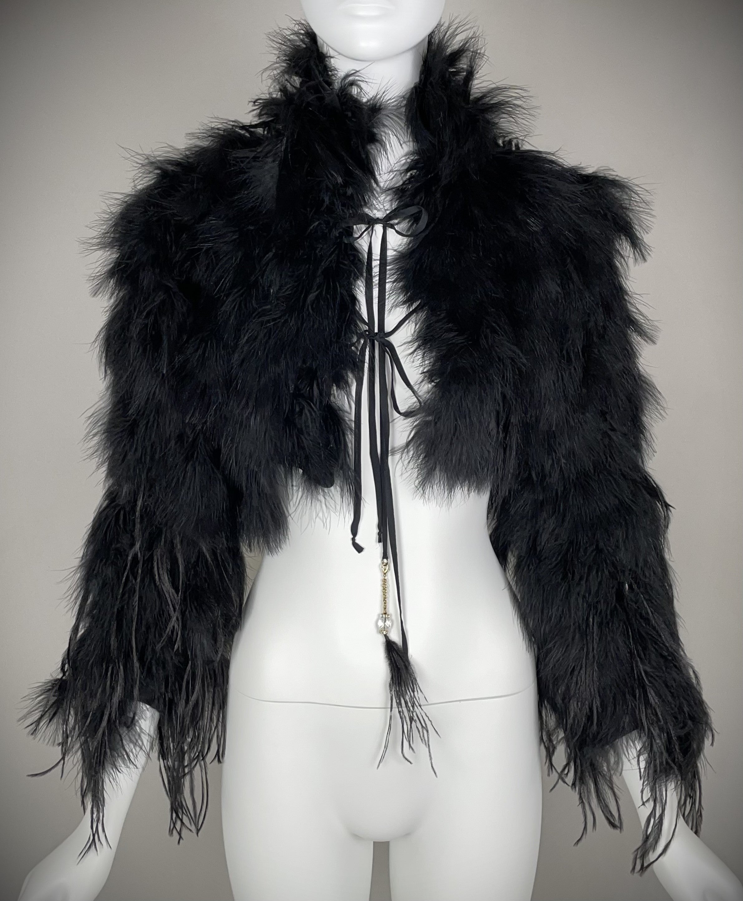 S/S 2004 Roberto Cavalli Black Feather Cropped Bolero Jacket For Sale at 1stDibs
