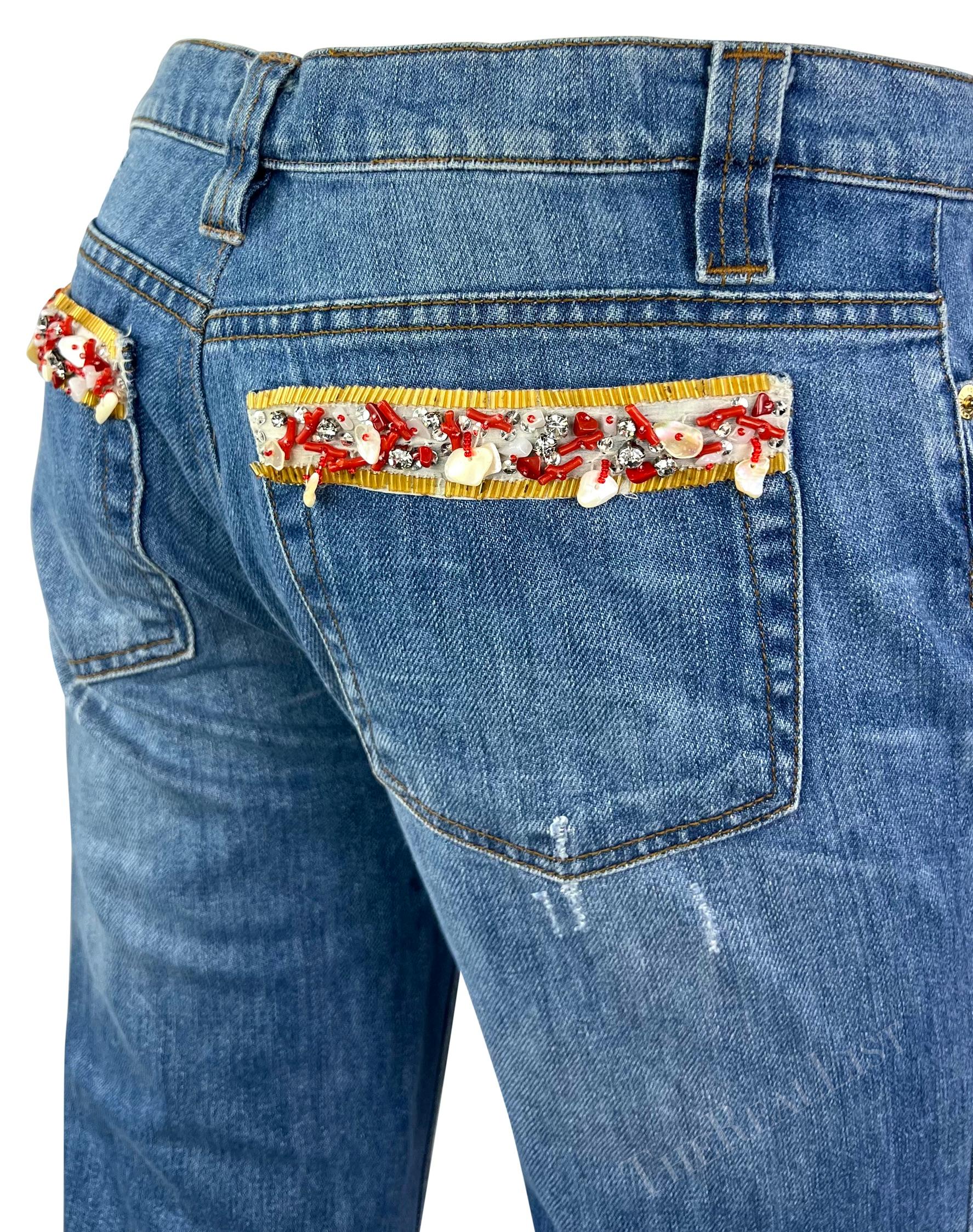 S/S 2004 Roberto Cavalli Light Wash Coral Embroidered Straight Cut ...