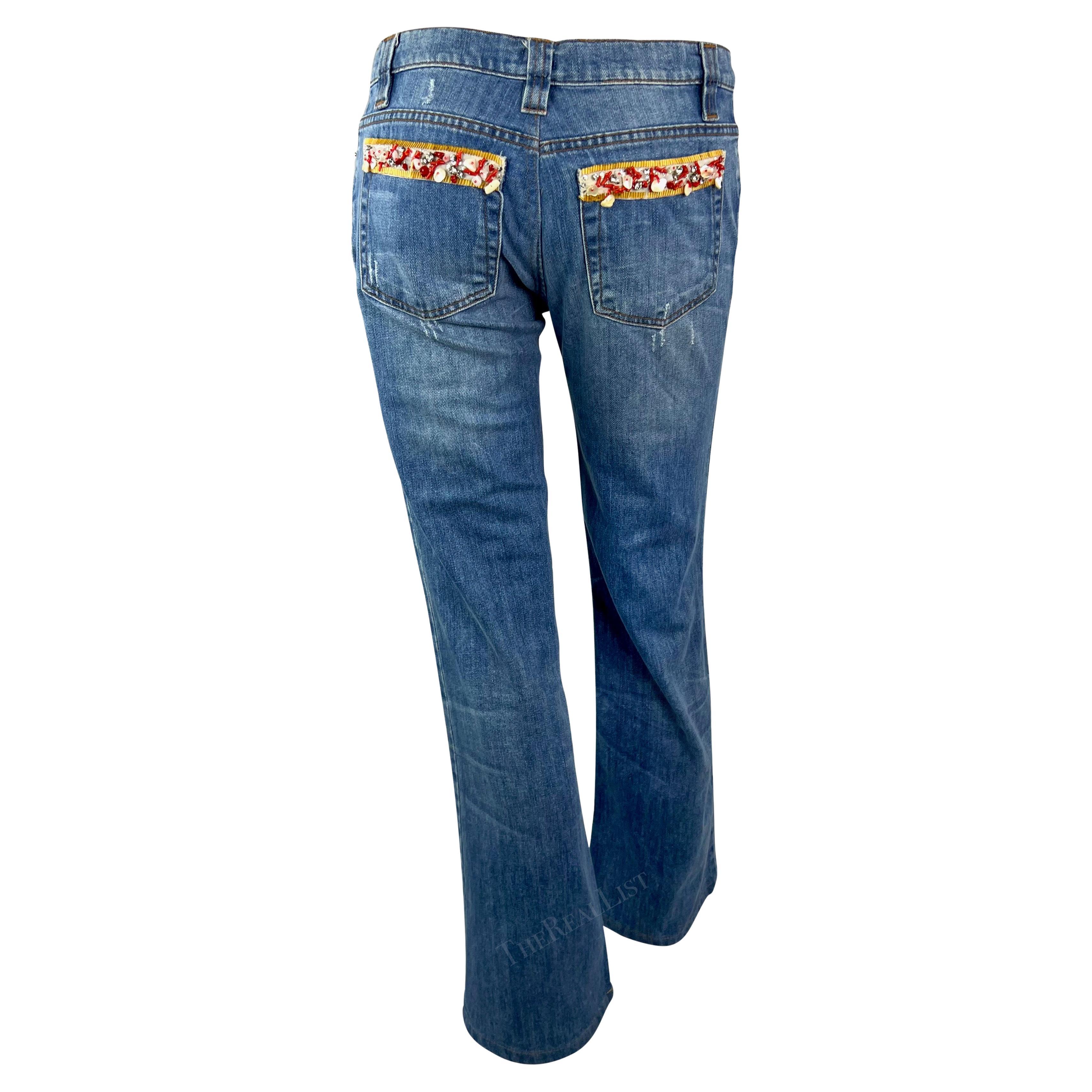 S/S 2004 Roberto Cavalli Light Wash Coral Embroidered Straight Cut ...