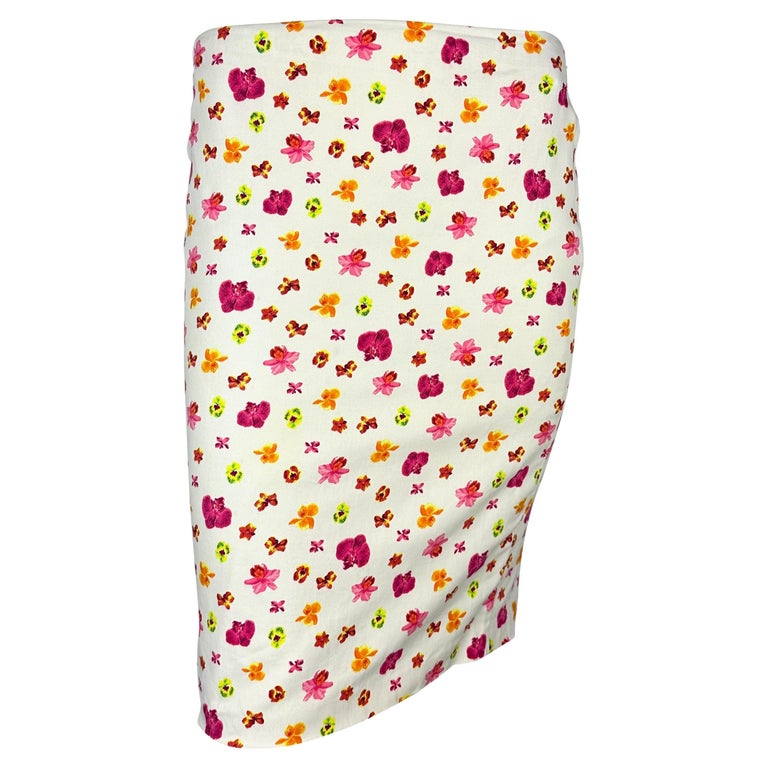 S/S 2004 Versace by Donatella White Neon Floral Bodycon Pencil Skirt ...
