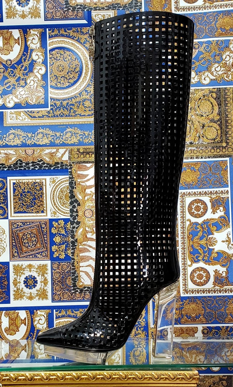 S/S2015 L#15 VERSACE BLACK PATENT LEATHER PLEXI PLATFORM Boots 5; 6; 7 ...