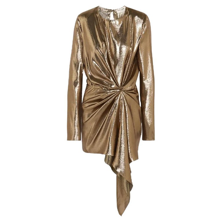 S/S 2017 L#49 SAINT LAURENT ASYMMETRIC DRAPPED GOLD COLOR DRESS Sz FR ...