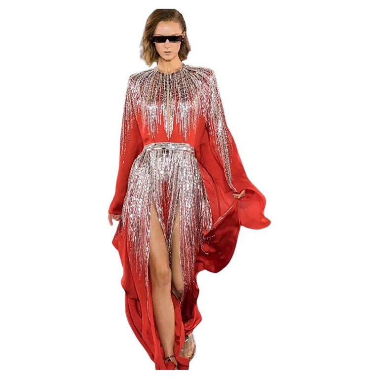 S/S 2020 NEW BALMAIN RED GLITTER MAXI DRESS Sz FR 38 For Sale at 1stDibs