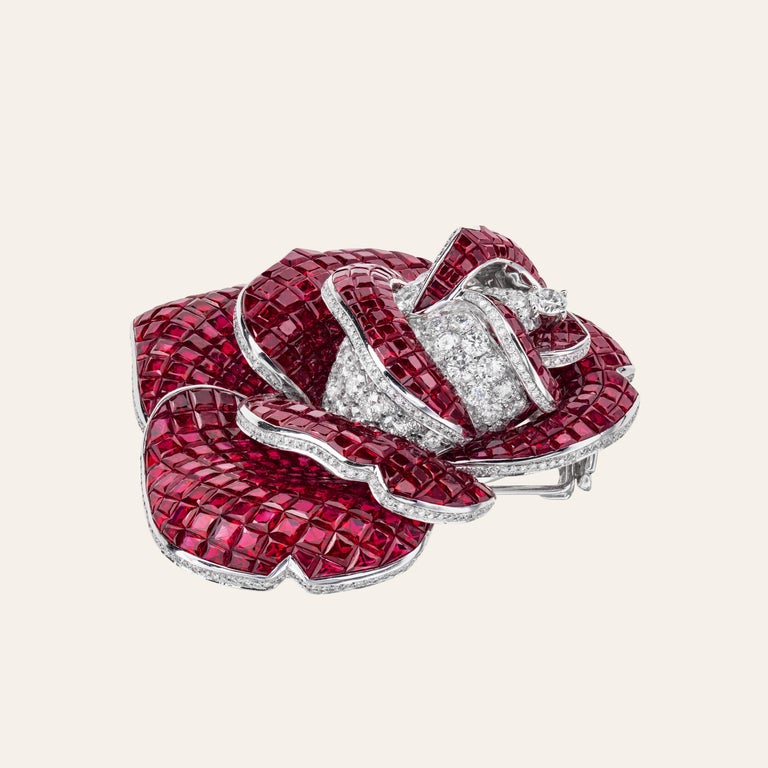 Sabbadini Invisible Setting Burmese Ruby Flower Brooch For Sale at 1stDibs