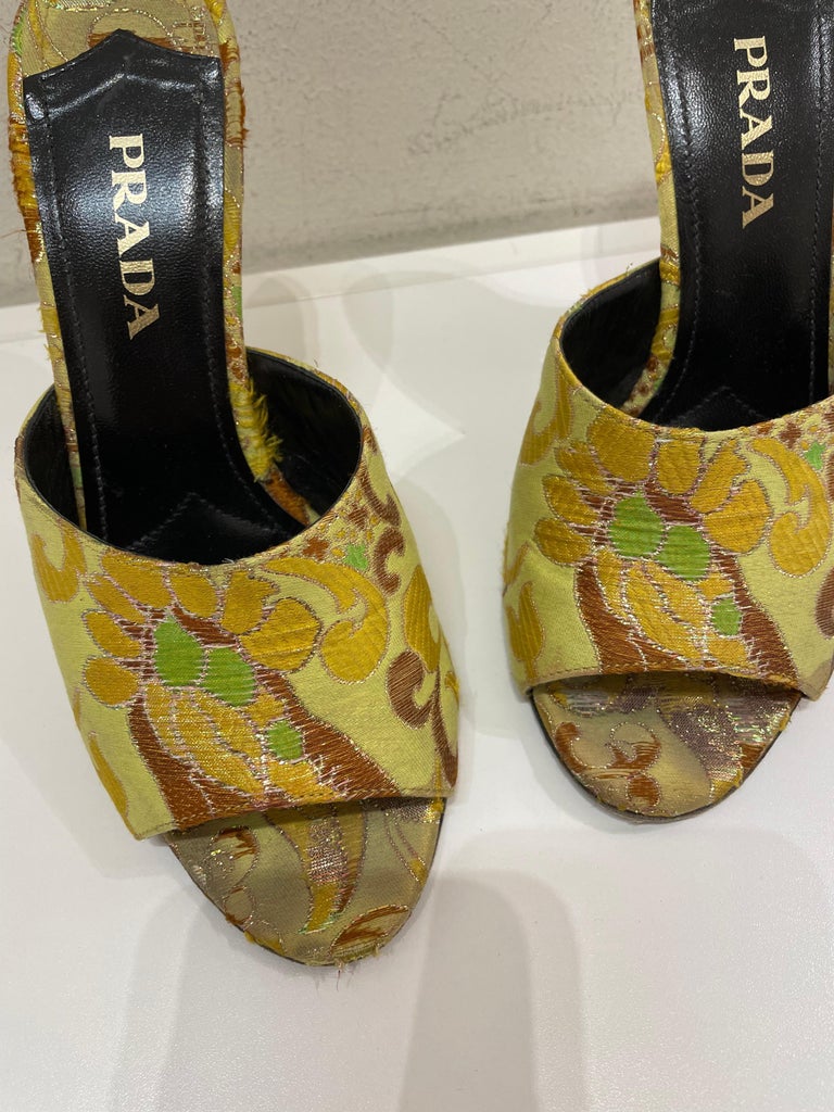 Sabot with Prada heel in damask fabric in shades of yellow. For Sale at ...