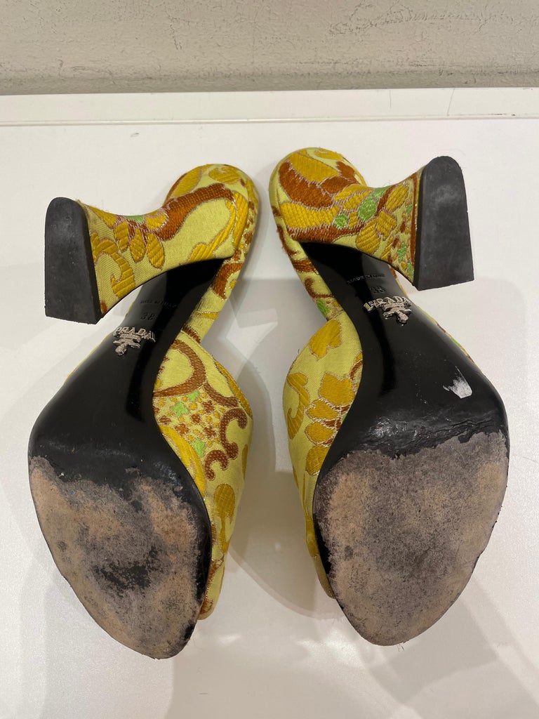 Sabot with Prada heel in damask fabric in shades of yellow. For Sale at ...