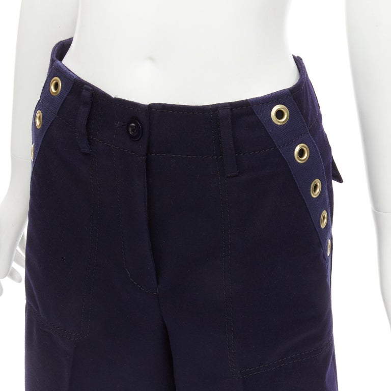SACAI 2016 navy wool gold grommet stud trim wide leg culotte pants JP2 ...