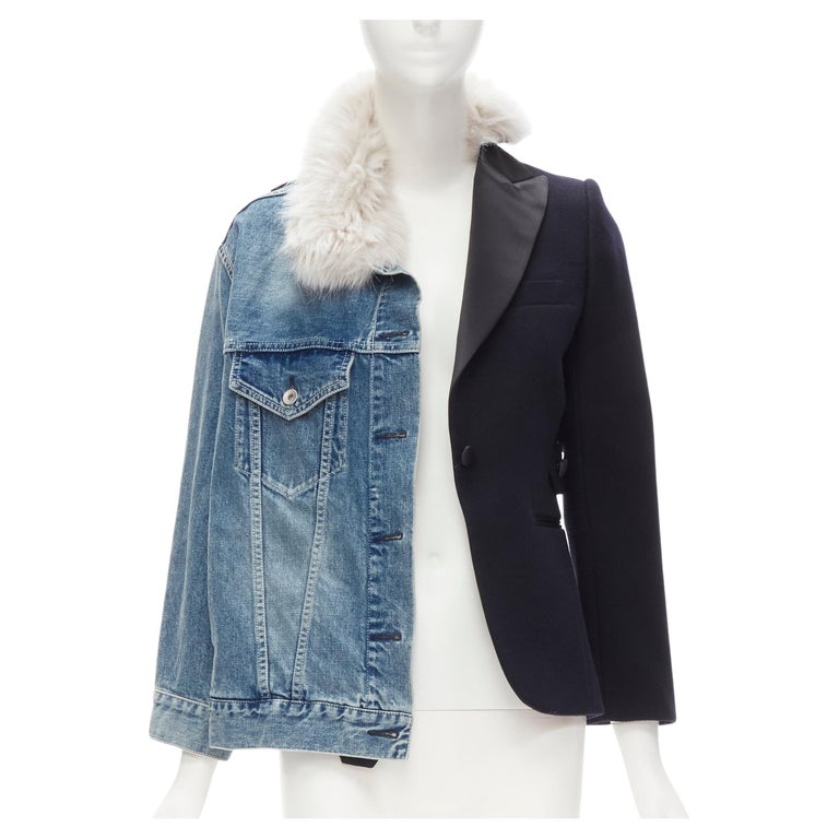 SACAI 2018 deconstructed navy wool tuxedo blue denim split jacket JP1 S ...