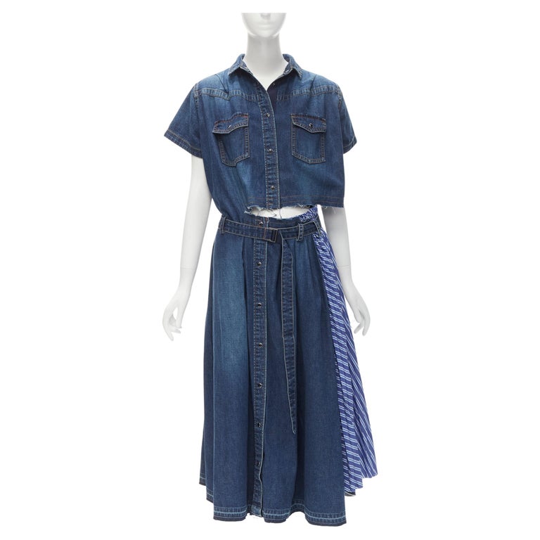 SACAI 2020washed blue denim slashed waist slit pleated skirt dress JP3 ...