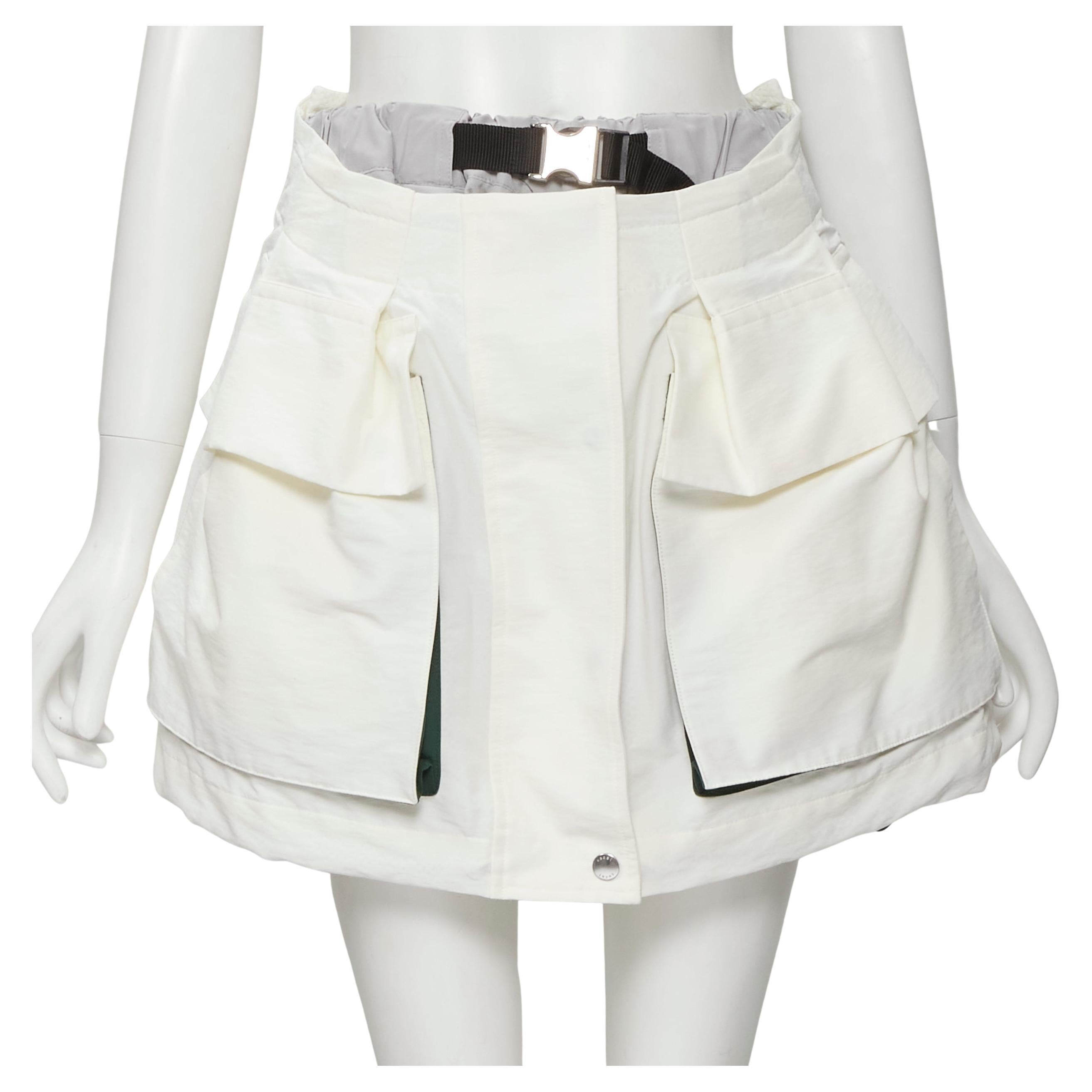 SACAI 2021 silver nylon white pleated flap pocket layered skort shorts ...