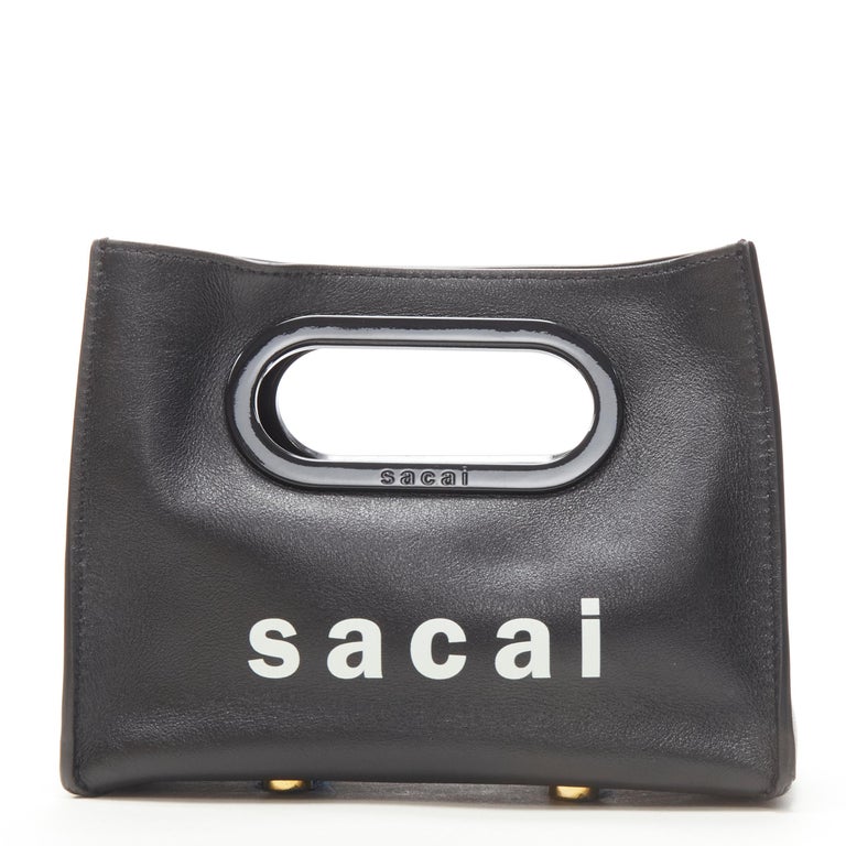 SACAI black leather white logo print crossbody micro shopper tote bag ...
