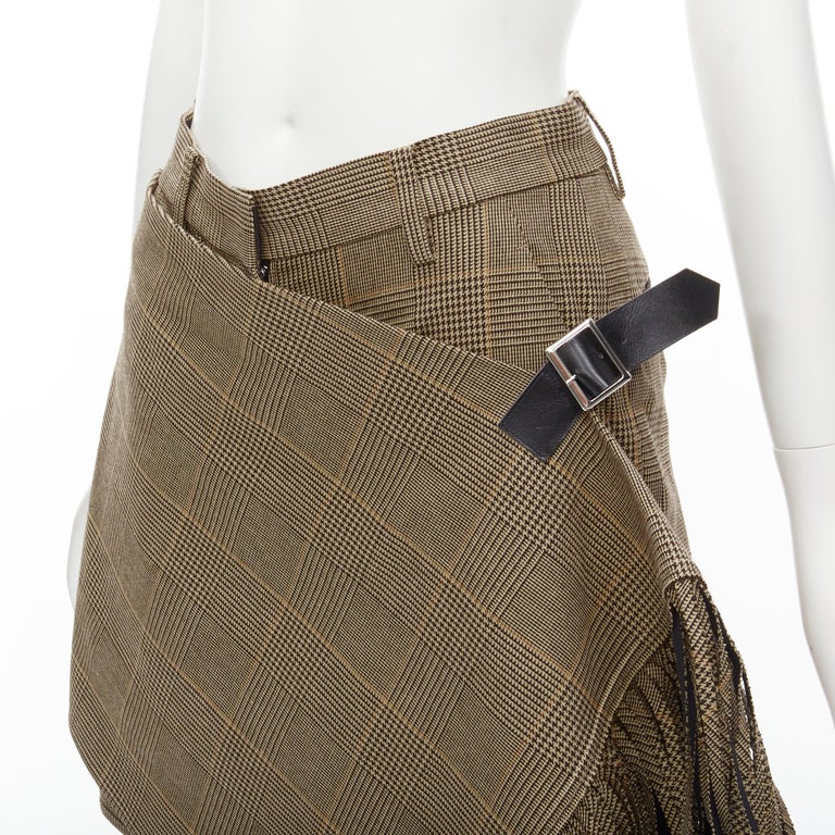 SACAI brown herringbone check fringe wrap front buckle shorts JP1 S For ...