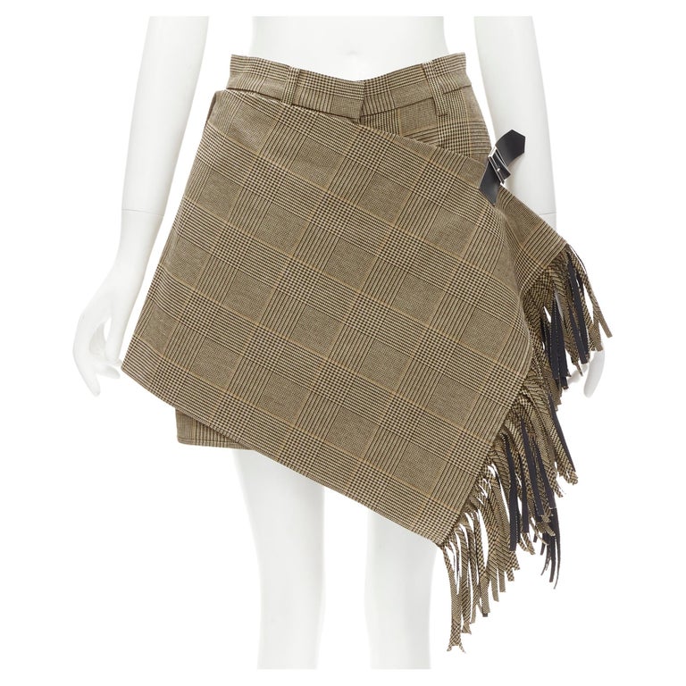 SACAI brown herringbone check fringe wrap front buckle shorts JP1 S For ...