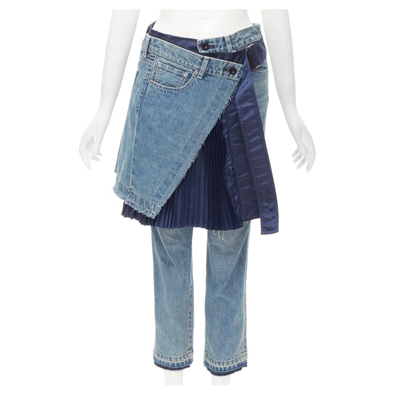 SACAI deconstructed denim pleated wrap skirt layered ripped jeans XS ...