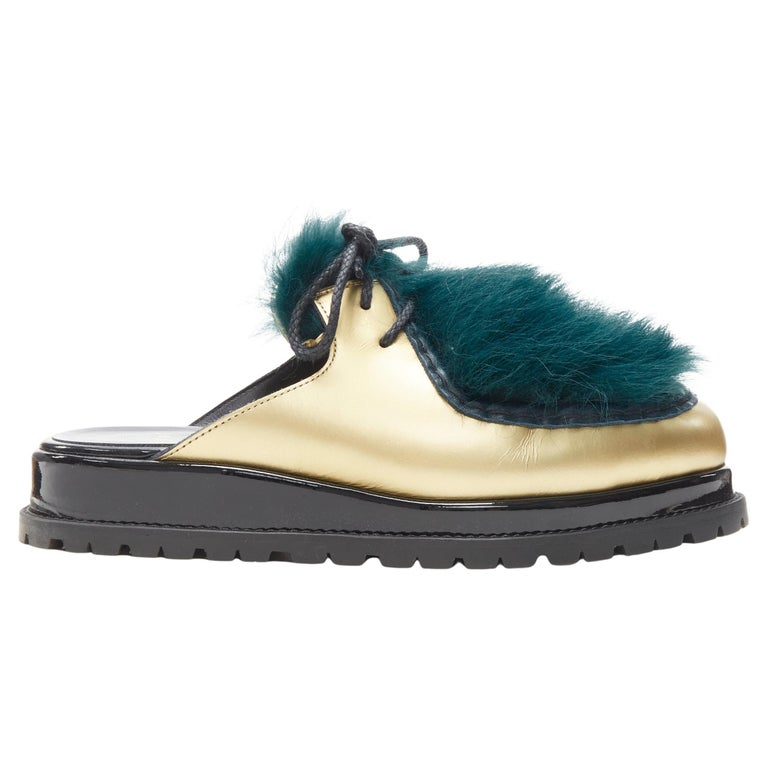 SACAI metallic gold leather teal blue fur slip on mule Vibram sole EU37 ...