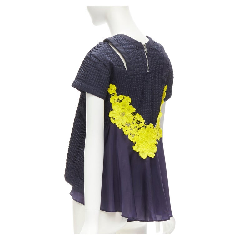 SACAI navy pleated ribbon cut out yellow lace flared back top S For ...