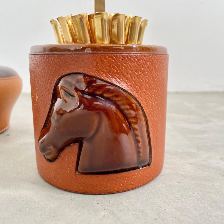 Saddle Leather and Ceramic Smoking Set by Longchamp, 1950s France For ...