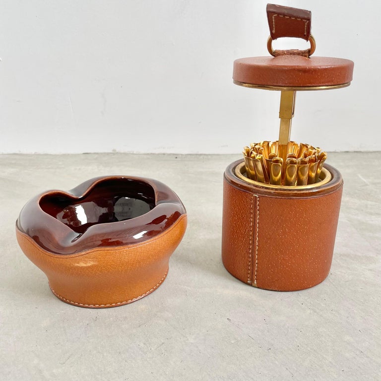 Saddle Leather and Ceramic Smoking Set by Longchamp, 1950s France For ...