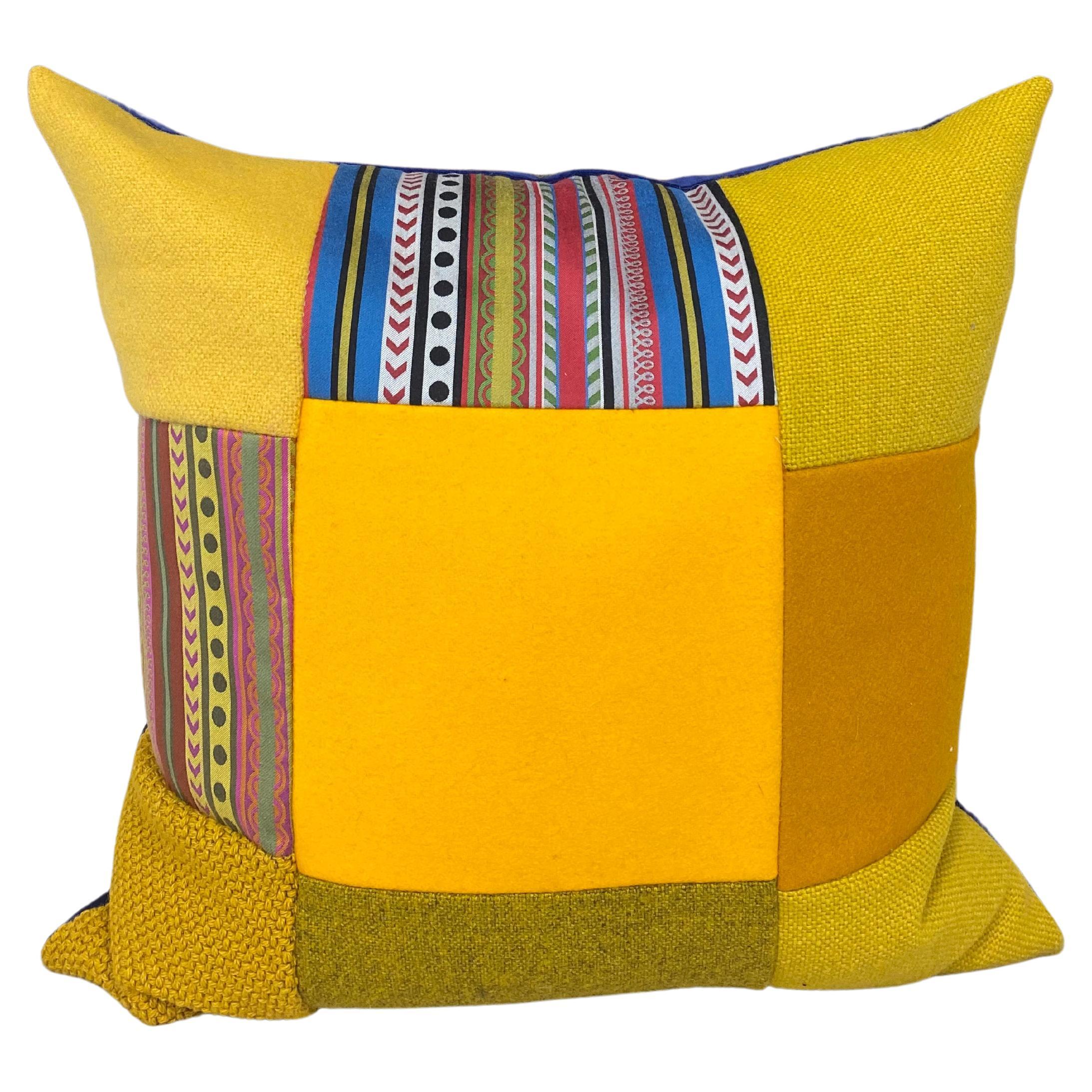 Saffron Wool and Cobalt Velvet Pillow with Accents of Colored Dots and ...