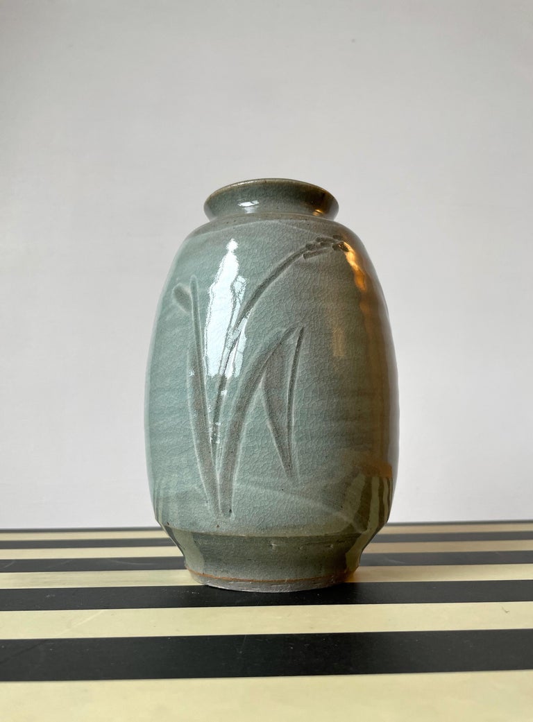 Heavy Sage Green Shiny Glazed Vase with Floral Incised Decor, 1950s For ...