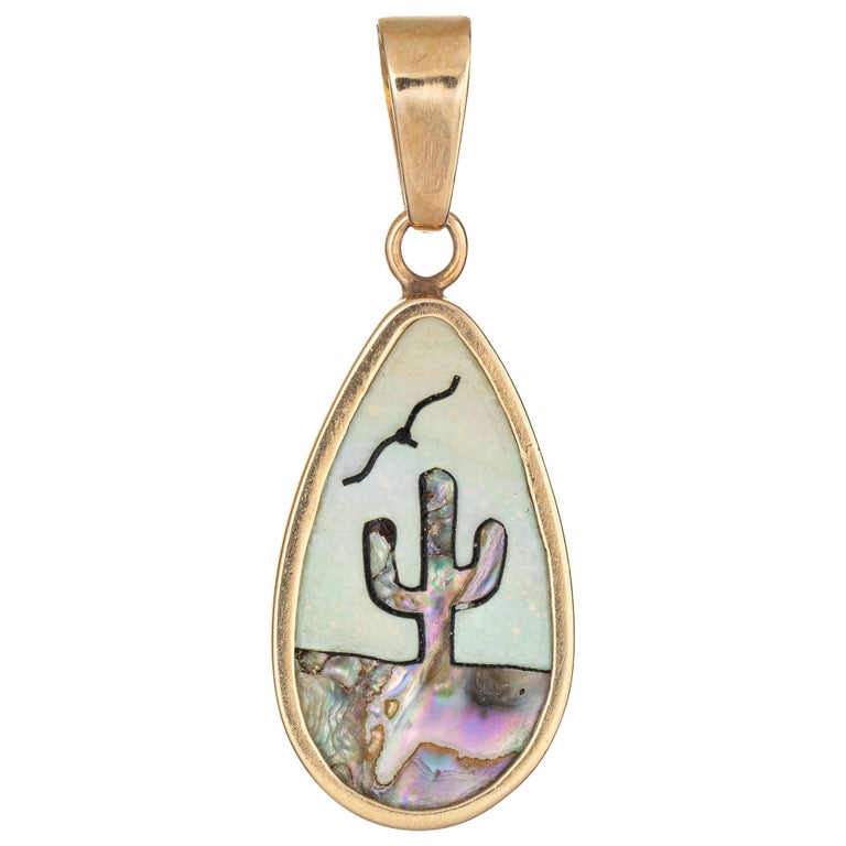 Saguaro Cactus Pendant Vintage 14 Karat Yellow Gold Desert Plants Inlay ...