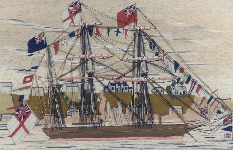 Sailor's Woolwork Woolie of Fully Dressed Ship with Coastal Village on ...