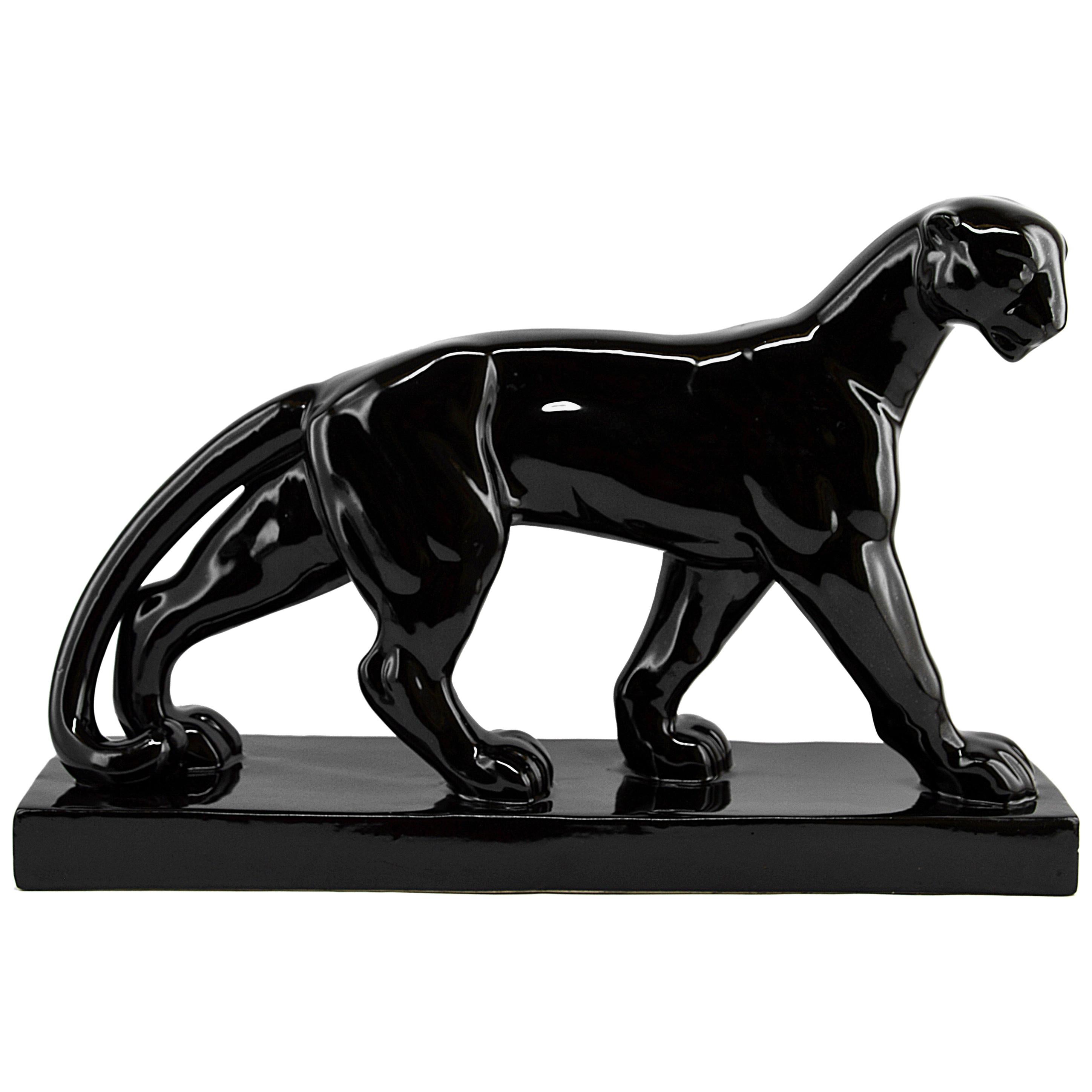 Saint-Clement French Art Deco Ceramic Black Panther, 1930s at 1stDibs