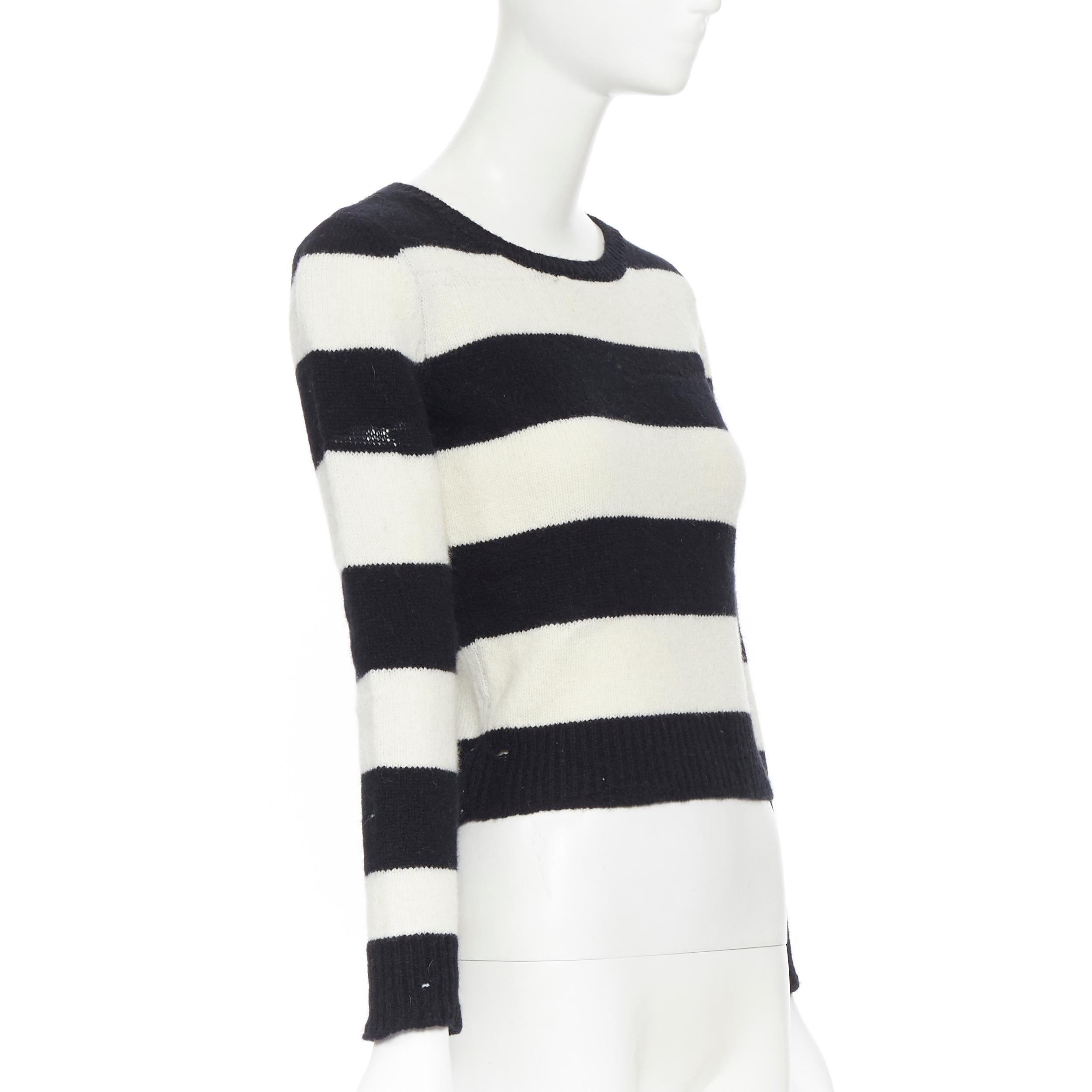 SAINT LAURENT 2015 black white striped distressed holey knit sweater ...