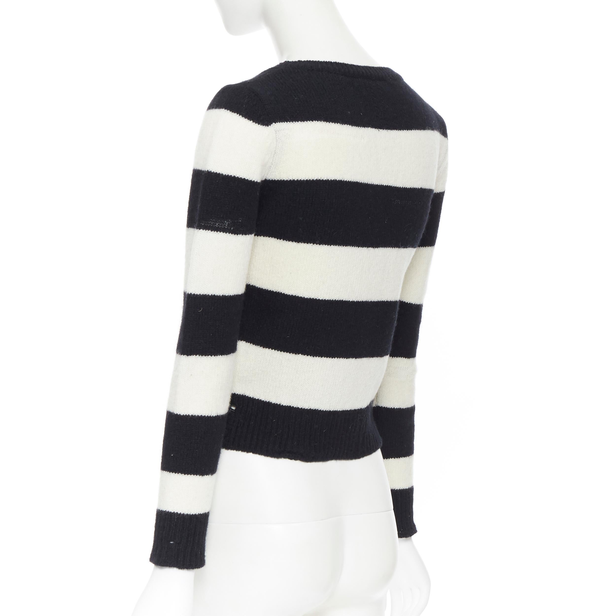 SAINT LAURENT 2015 black white striped distressed holey knit sweater ...