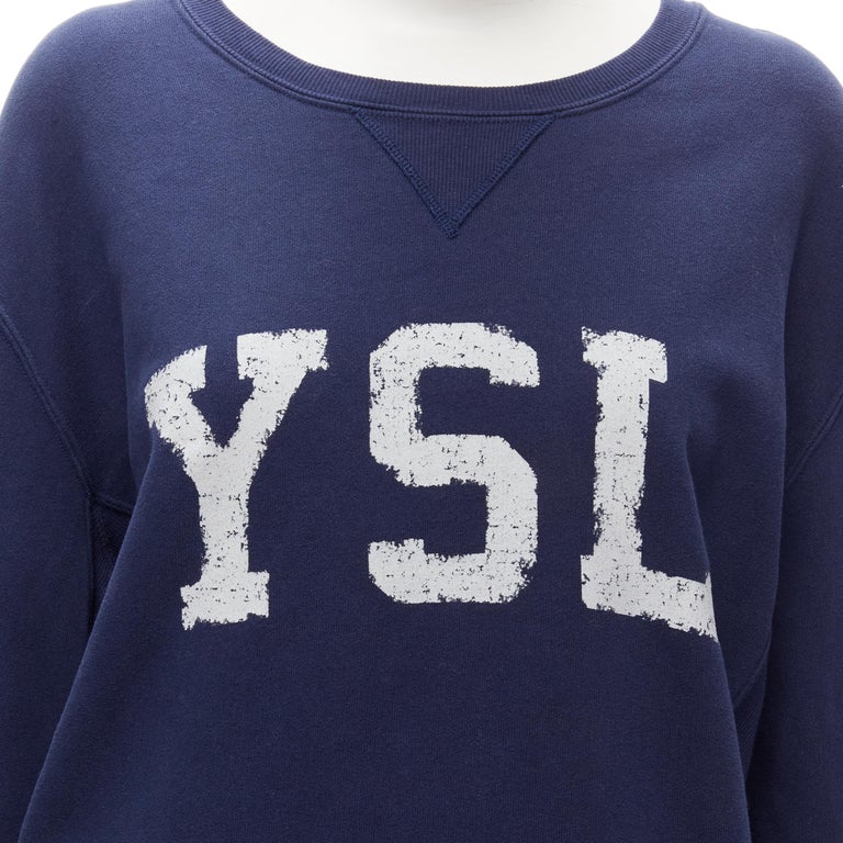 SAINT LAURENT 2021 YSL distressed logo navy blue fleece pullover ...