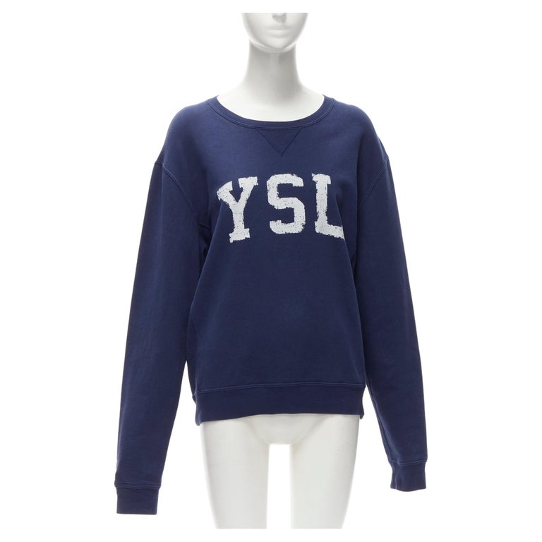 SAINT LAURENT 2021 YSL distressed logo navy blue fleece pullover ...